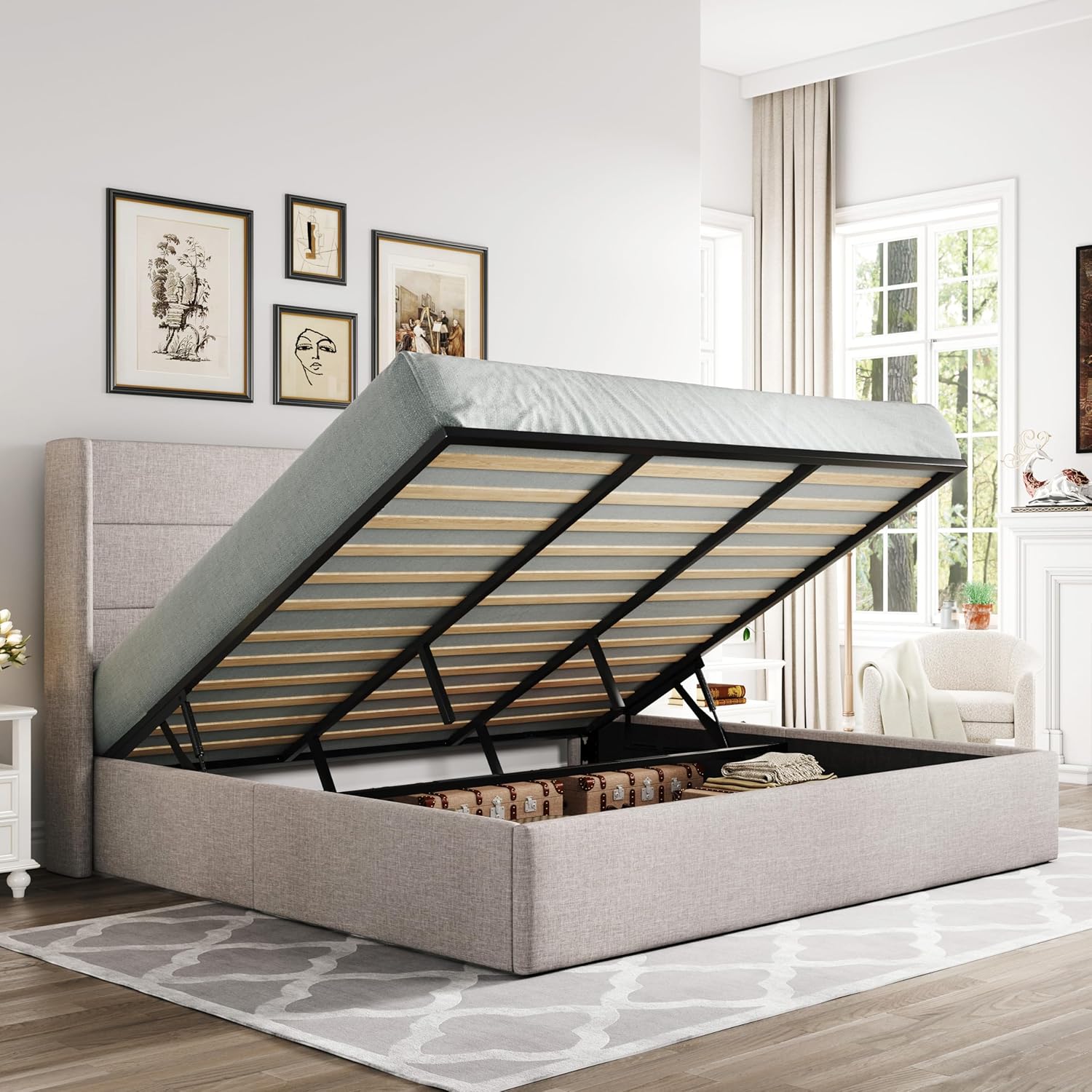 Allewie King Size Lift Up Storage Bed, Modern Wingback Headboard, Hydr ...